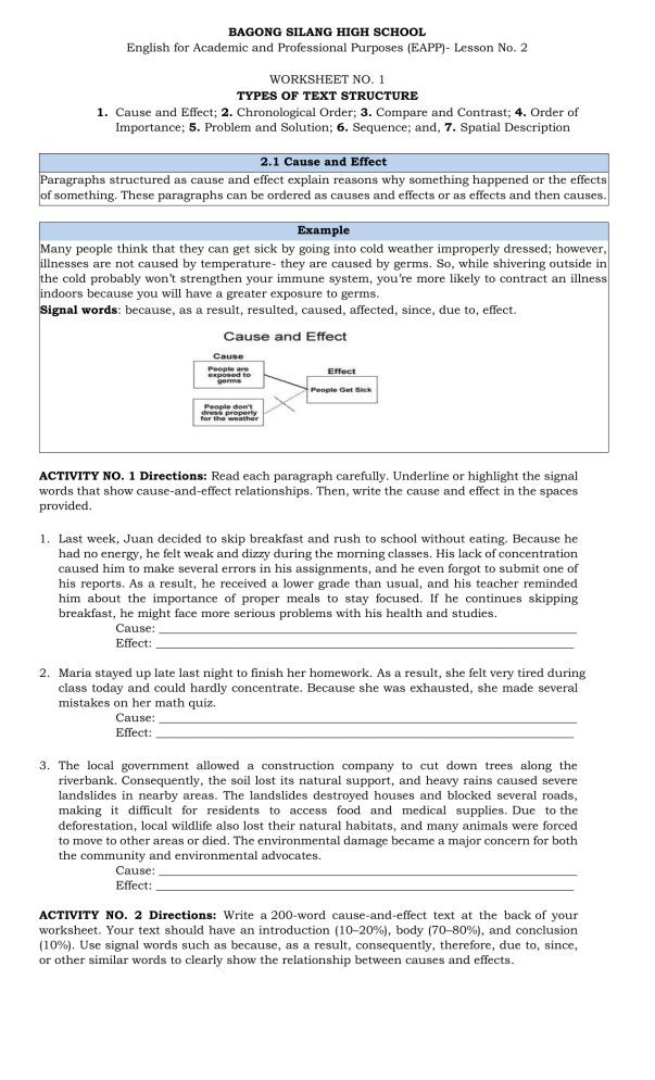 High School EAPP Worksheet: Cause and Effect Text Structure