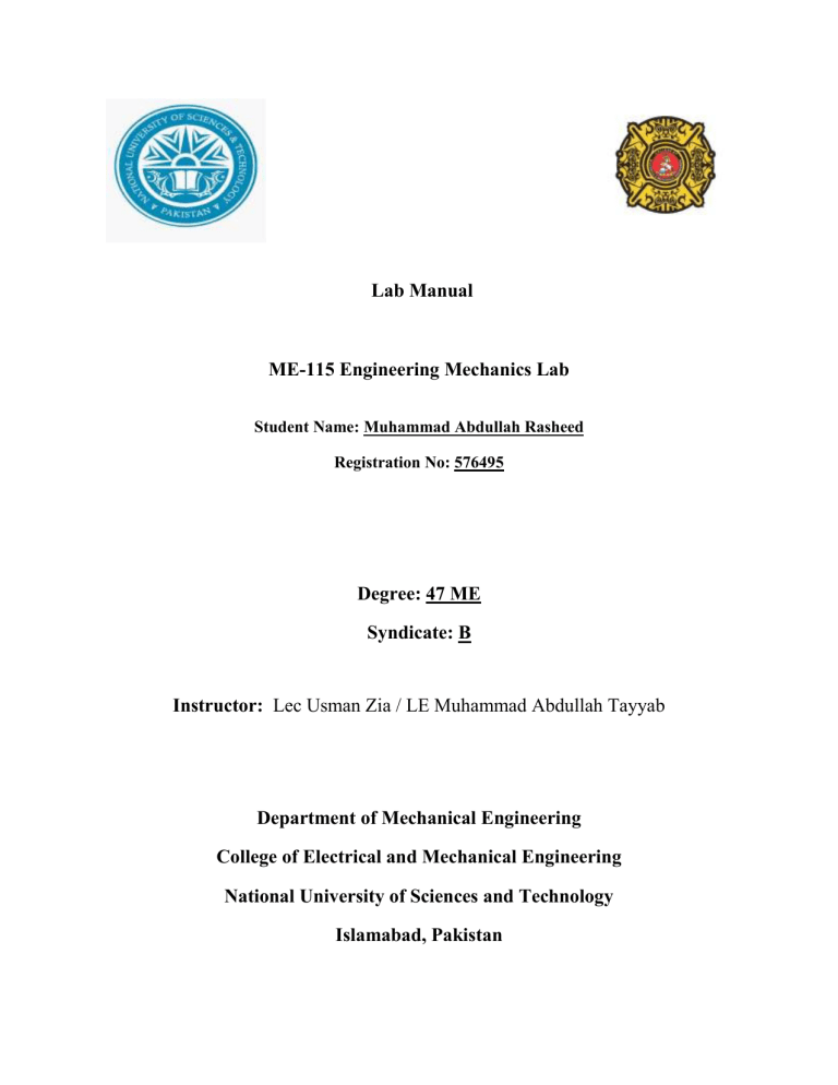 ME-115 Engineering Mechanics Lab Manual: Resultant Force Analysis