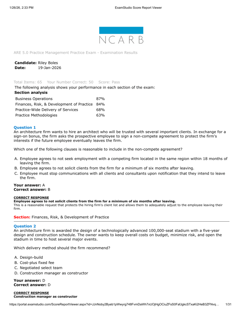 ARE 5.0 Practice Management Exam Score Report