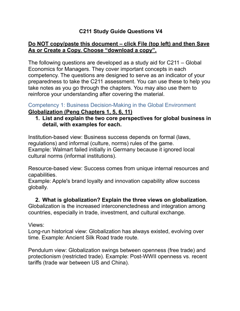 C211 Global Economics Study Guide Questions V4