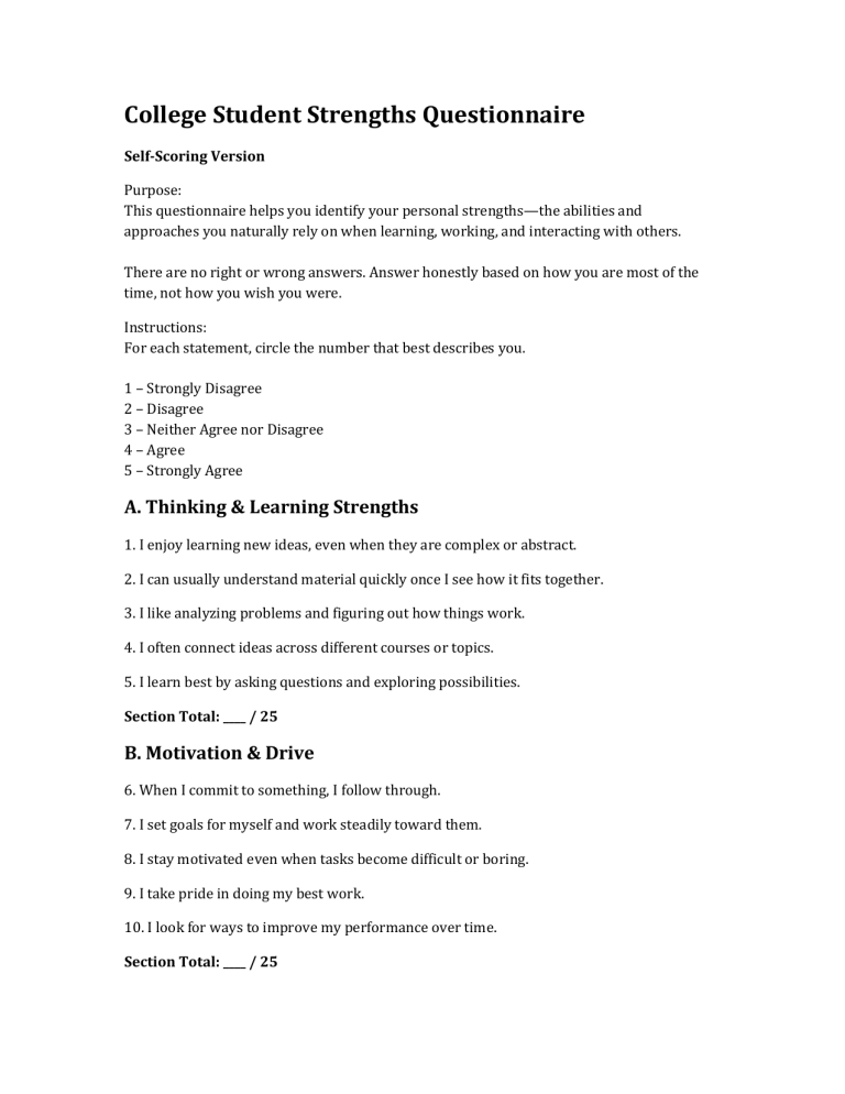 College Student Strengths Questionnaire - Self-Scoring