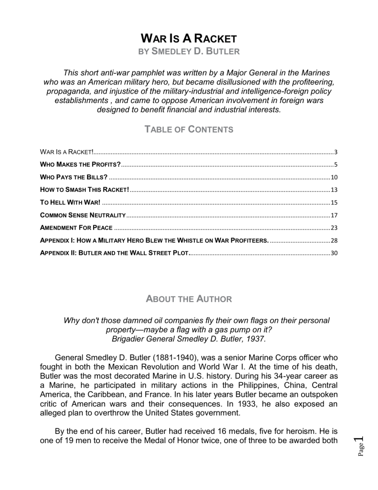 War Is A Racket: Anti-War Pamphlet by Smedley Butler