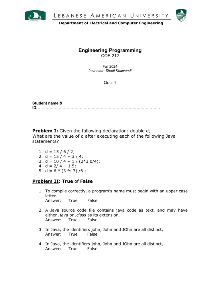 COE 212 Quiz 1: Java Programming Problems