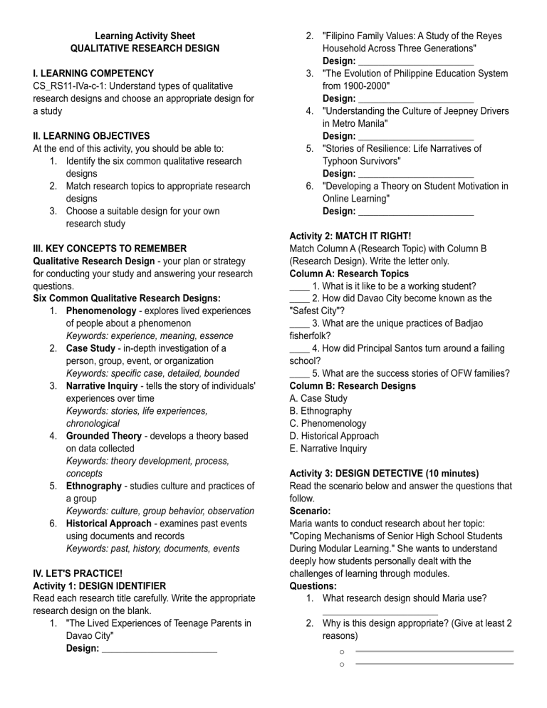 Qualitative Research Design Learning Activity Sheet