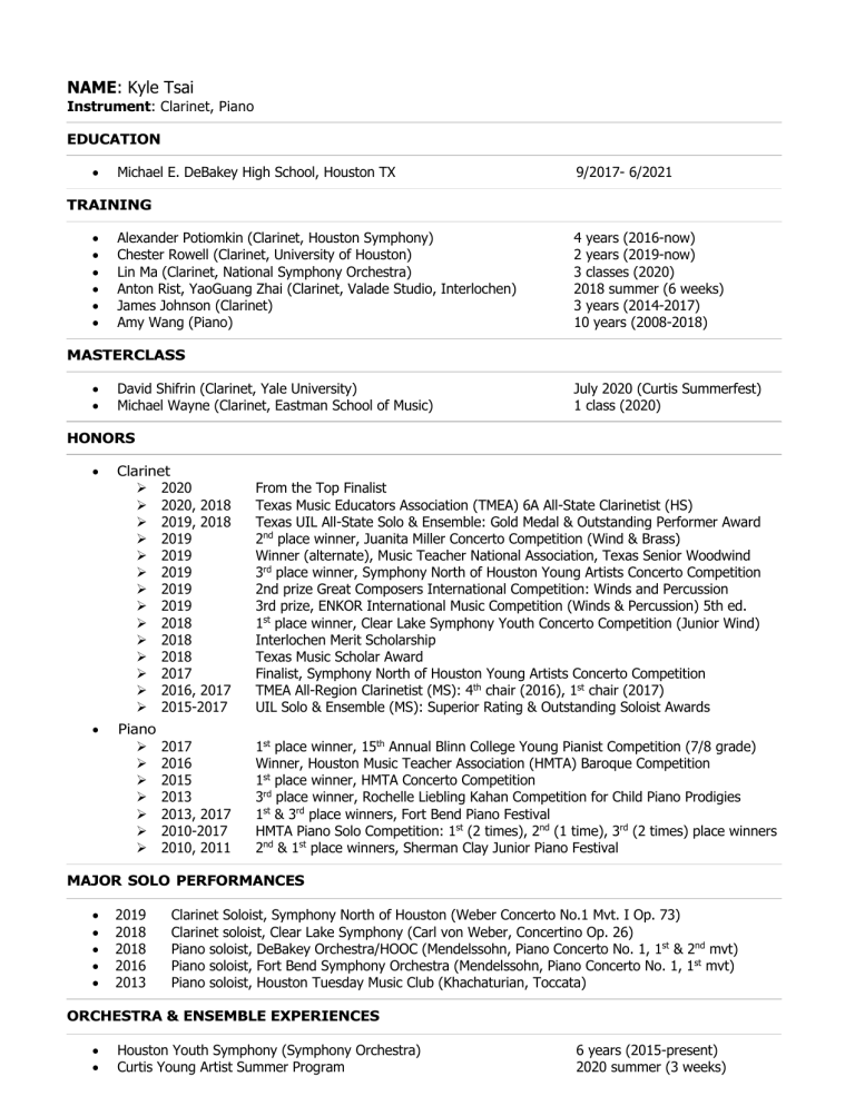 Kyle Tsai Music Resume: Clarinet & Piano Performances