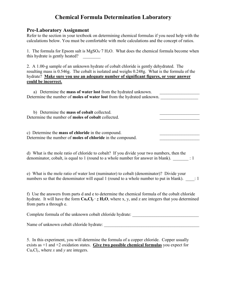 Chemical Formula Determination Lab Pre-Lab Assignment