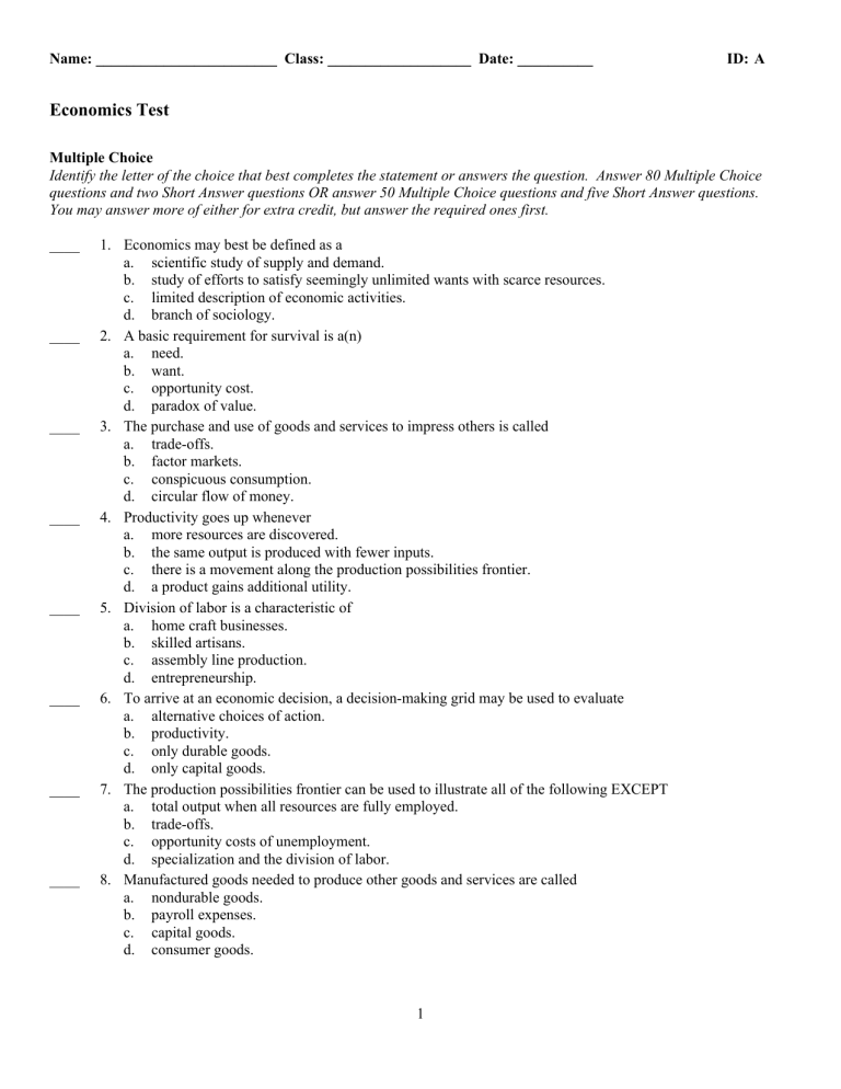 Economics Test Multiple Choice Questions