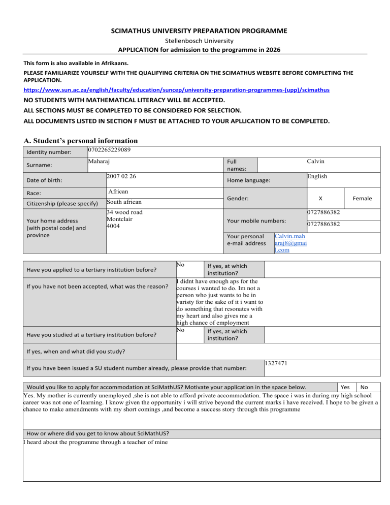 SciMathUS University Preparation Programme 2026 Application Form