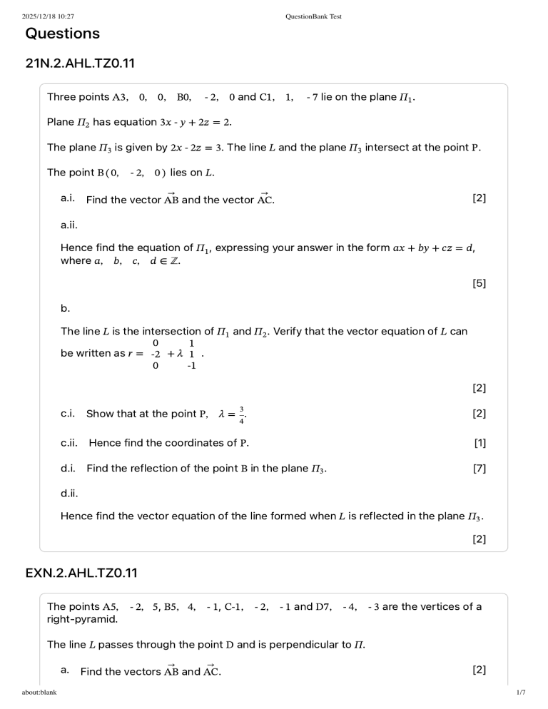 IB Math HL Vector Geometry Practice Questions