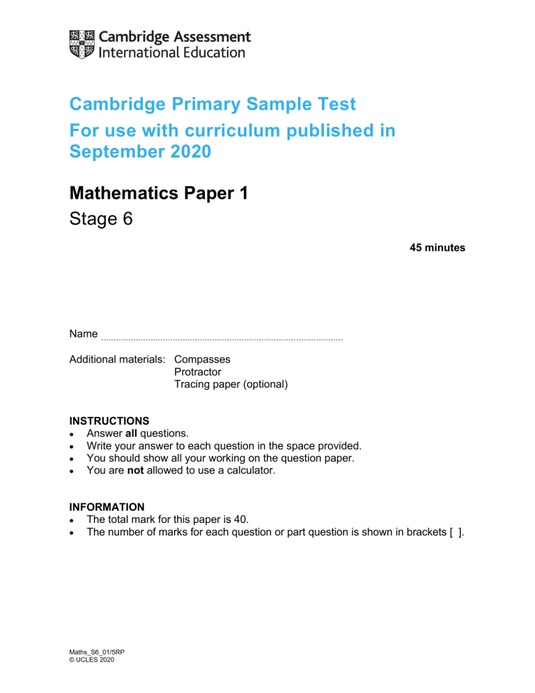 Cambridge Primary Stage 6 Maths Sample Test