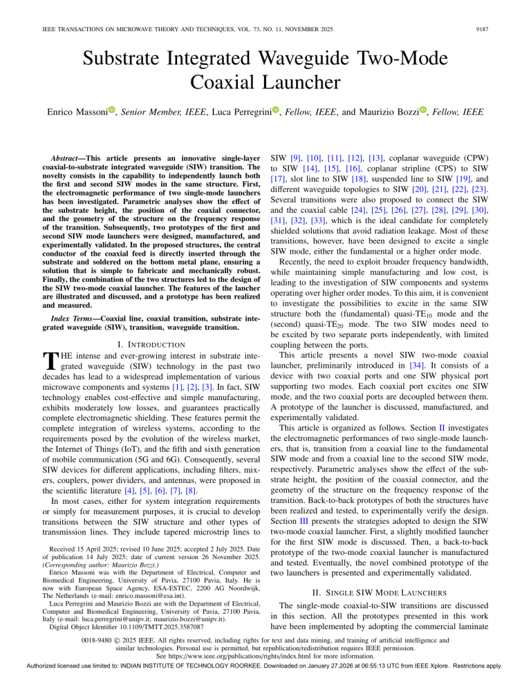 Substrate Integrated Waveguide Two-Mode Coaxial Launcher
