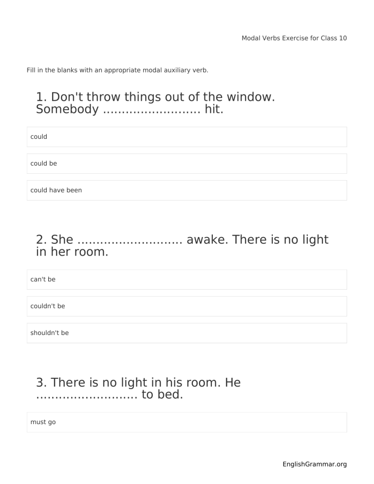 Modal Verbs Exercise for Class 10