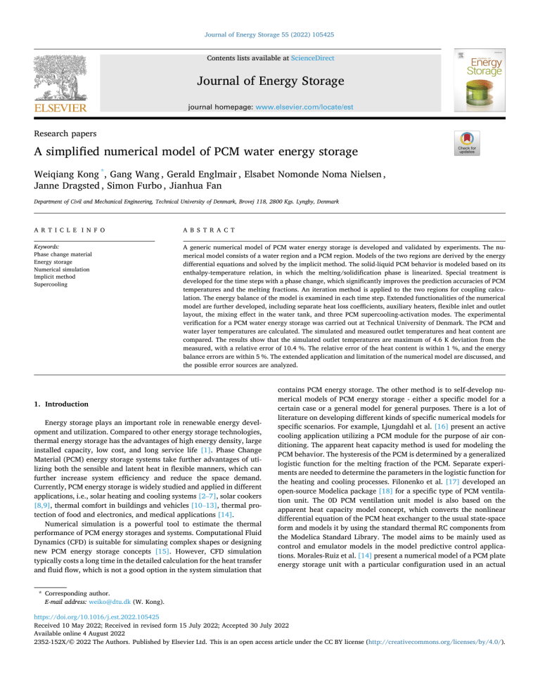 Simplified Numerical Model for PCM Water Energy Storage