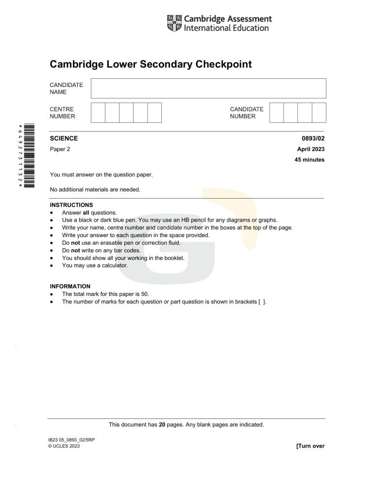 Cambridge Lower Secondary Checkpoint Science Paper 2 April 2023