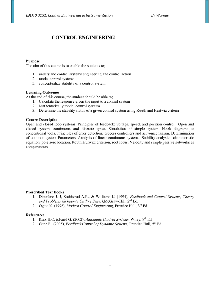 EMMQ 3131 Control Engineering & Instrumentation Course Outline