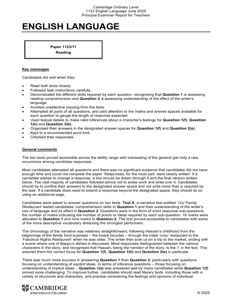 Cambridge O Level English 1123 June 2025 Examiner Report