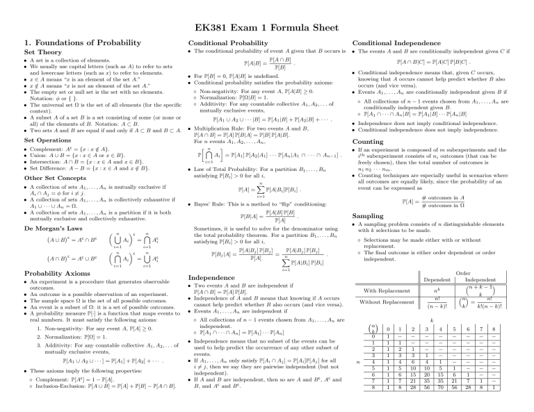 EK381 Exam 1 Probability Formula Sheet