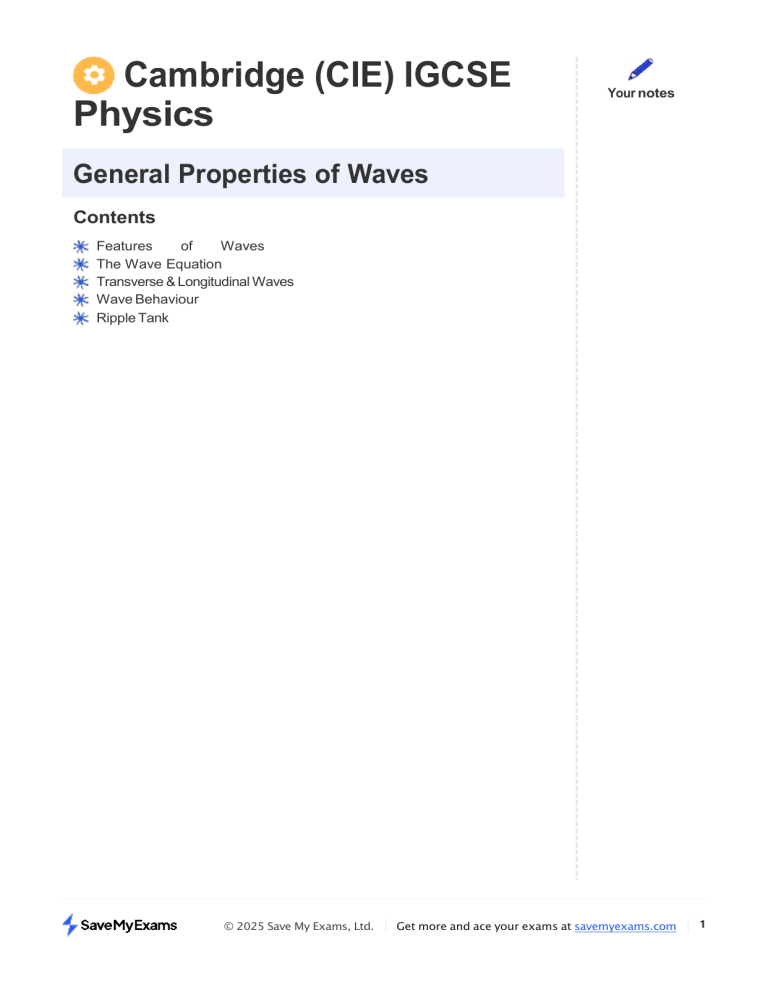 IGCSE Physics: General Properties of Waves Notes