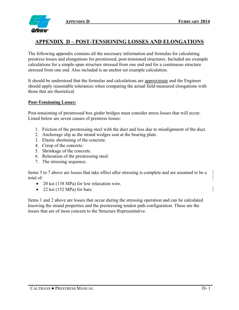 Caltrans Post-Tensioning Losses and Elongations Manual