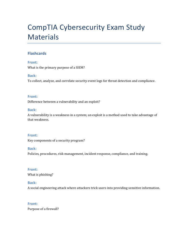 CompTIA Cybersecurity Exam Study Materials