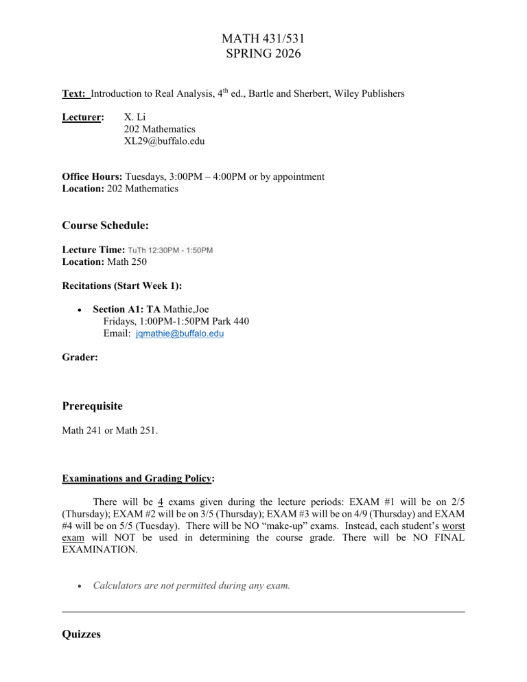 MATH 431/531 Spring 2026 Syllabus - Real Analysis