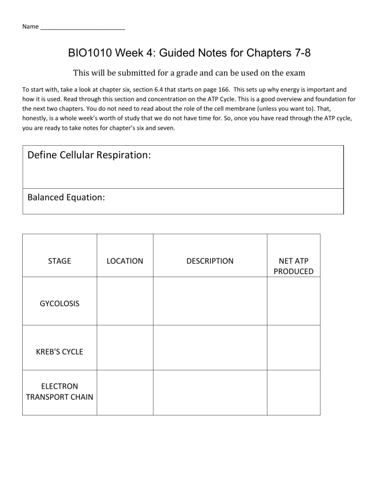 BIO1010 Week 4 Guided Notes: Cellular Respiration