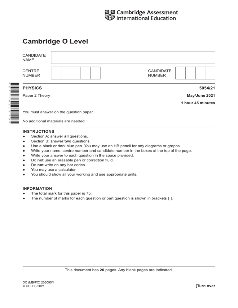 Cambridge O Level Physics Paper 2 Theory 2021