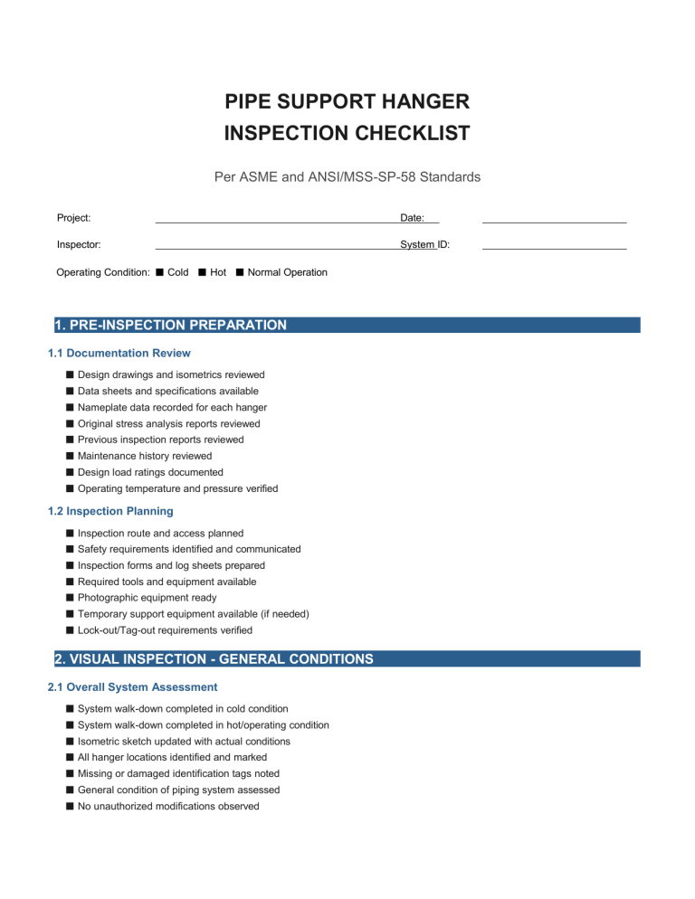 Pipe Support Hanger Inspection Checklist ASME ANSI