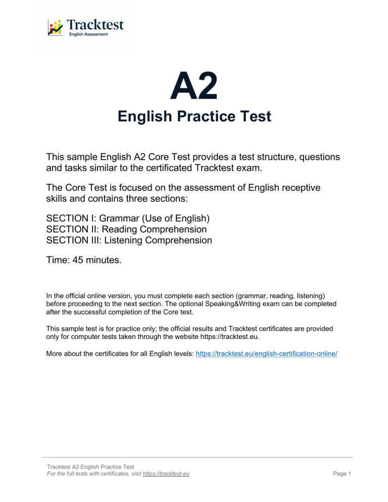 A2 English Practice Test - Grammar, Reading, Listening
