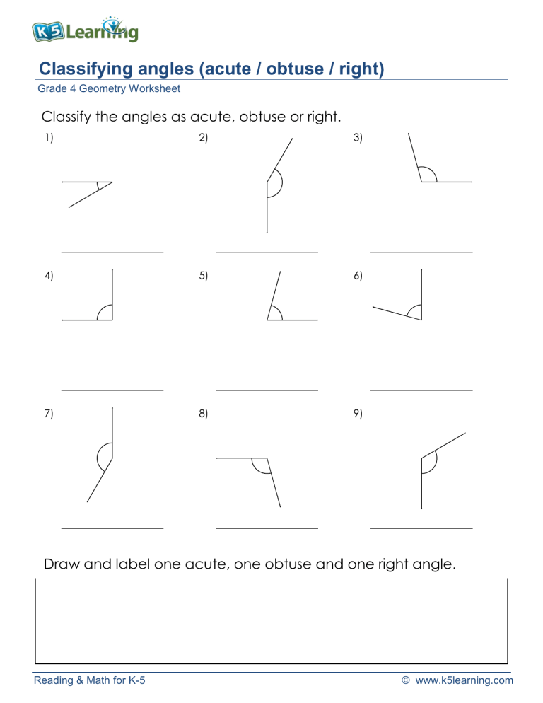 Grade 4 Geometry Worksheet: Classifying Angles