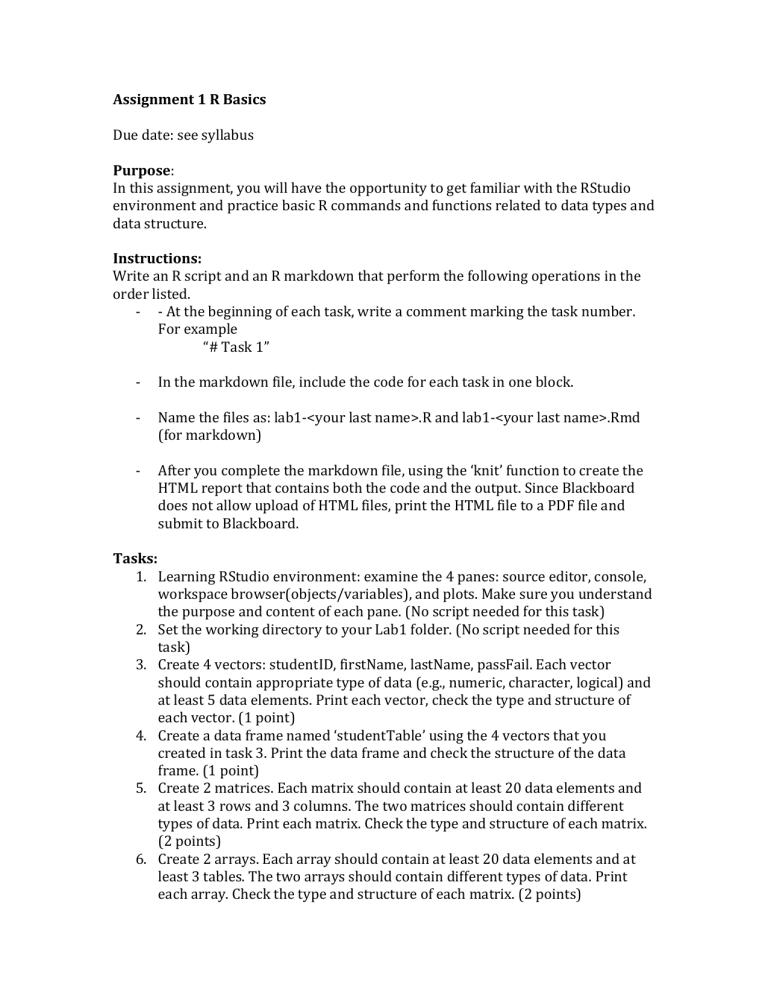 Assignment 1 R Basics: Lab Exercise