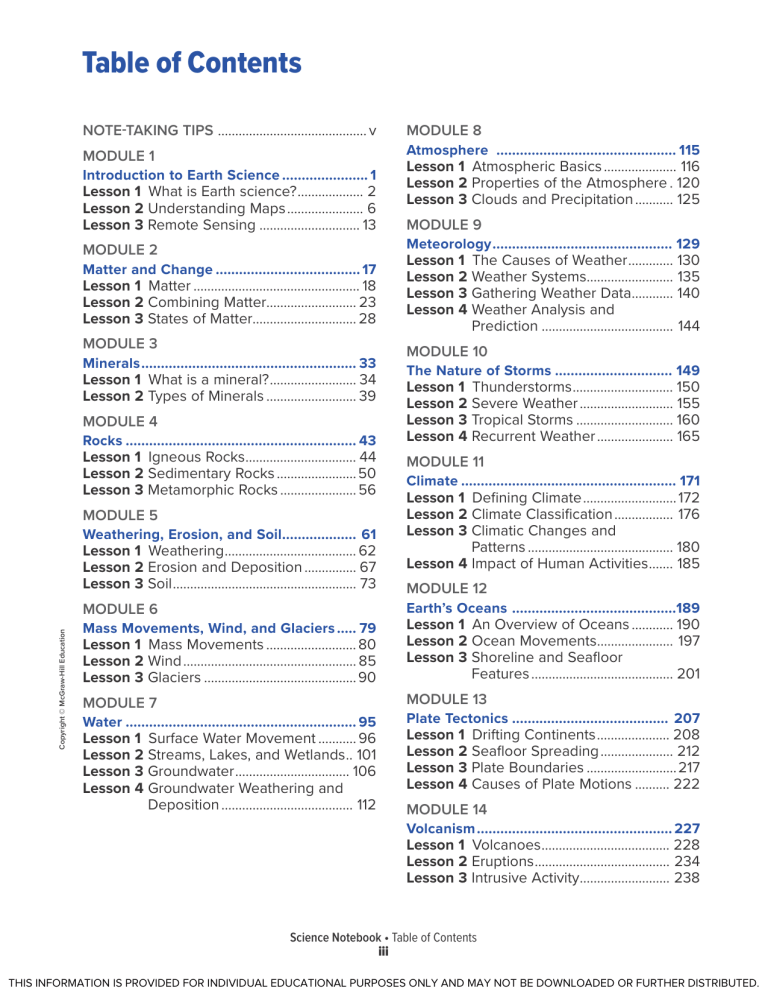 Earth Science Science Notebook Table of Contents