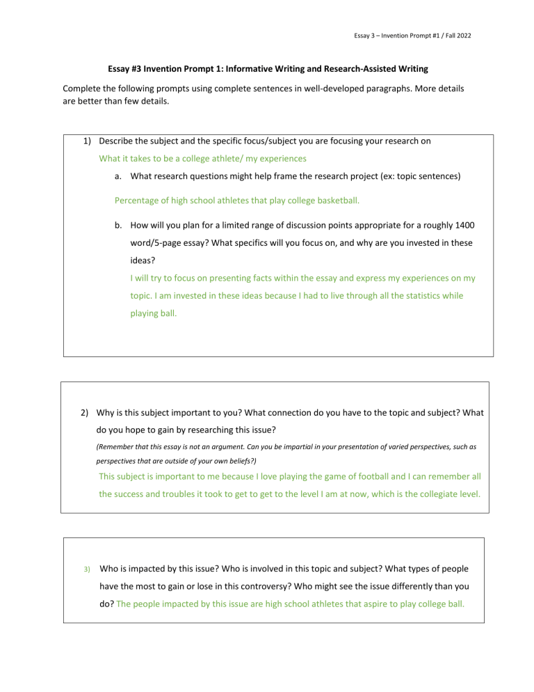 College Athlete Essay Prompt: Research & Writing