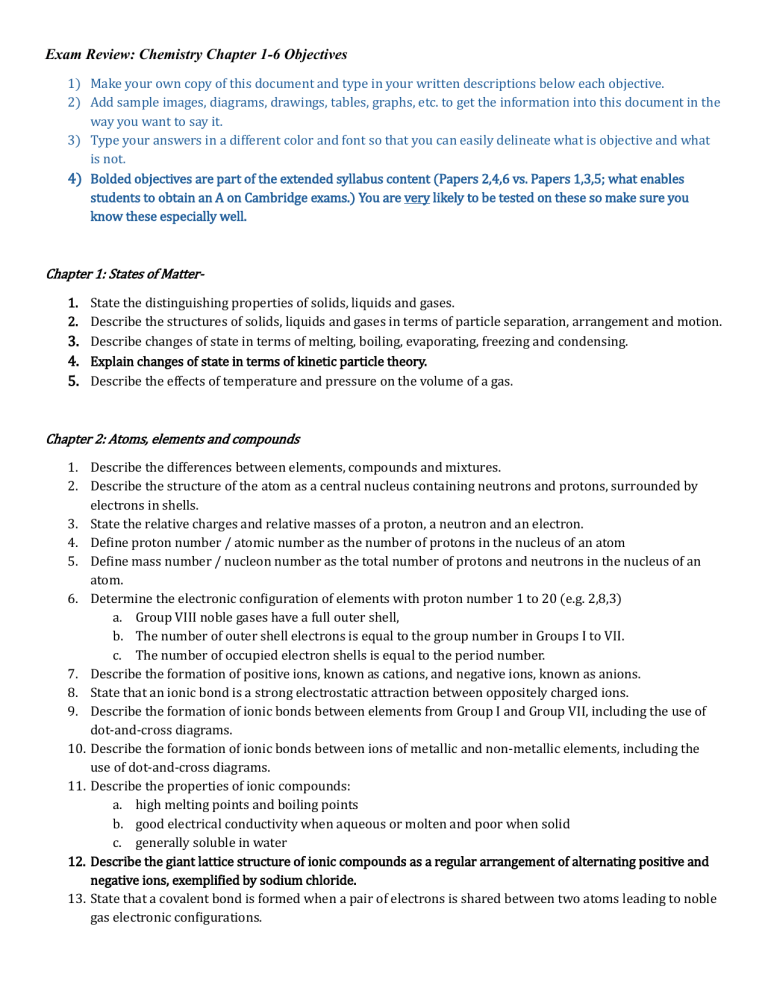 Chemistry Exam Review Chapters 1-6 Objectives