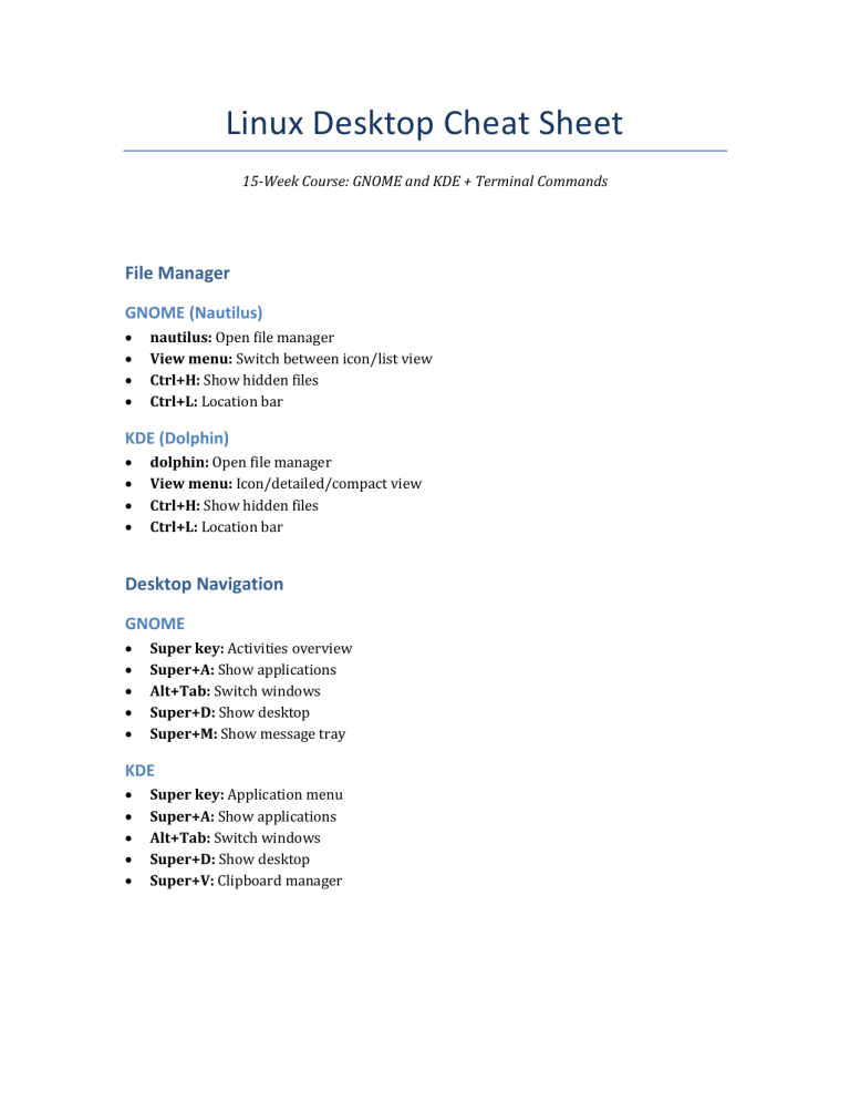 Linux Desktop Cheat Sheet: GNOME, KDE, Terminal Commands