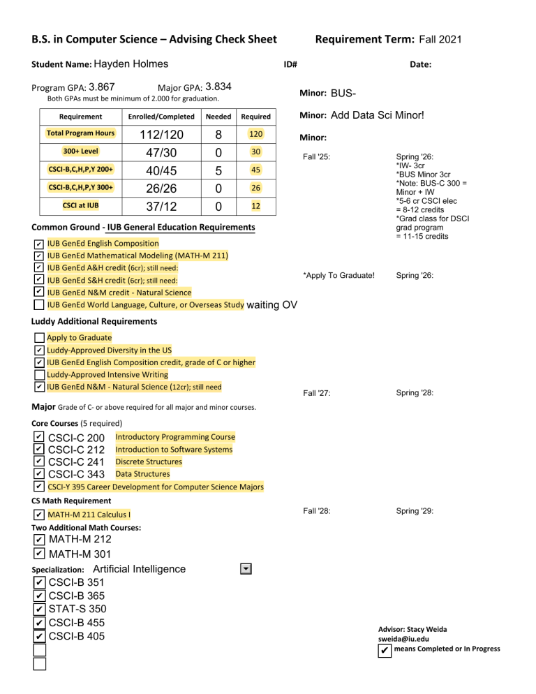 Computer Science Advising Check Sheet for B.S. Degree