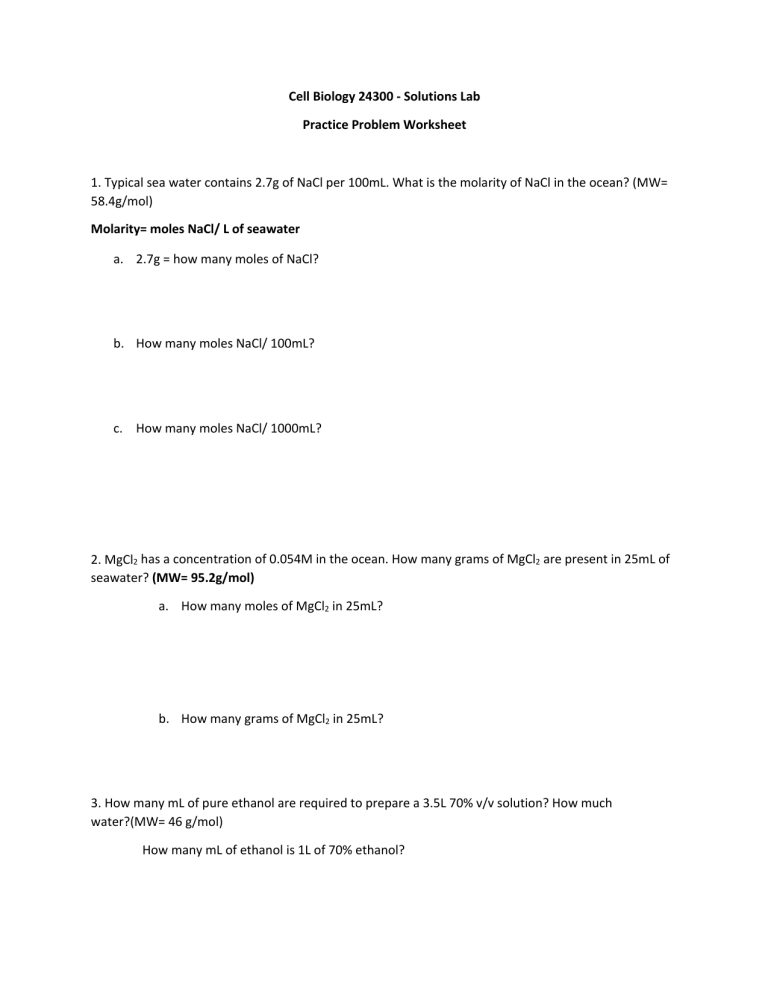 Cell Biology Lab Practice Problems: Solutions & Molarity