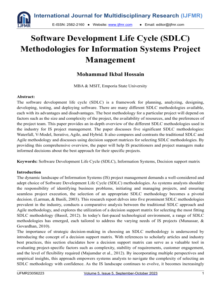 SDLC Methodologies for IS Project Management
