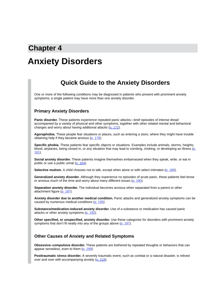 Chapter 4: Anxiety Disorders Quick Guide