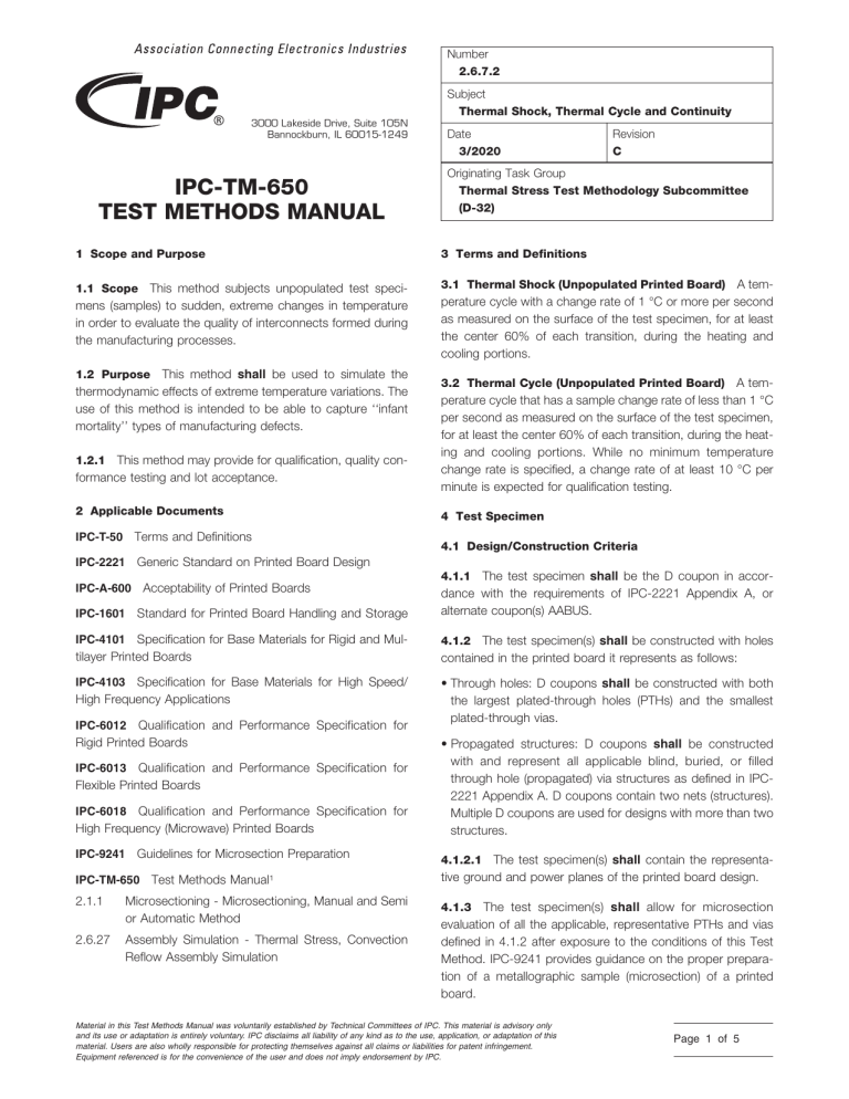 IPC-TM-650 2.6.7.2 Thermal Shock Thermal Cycle Continuity
