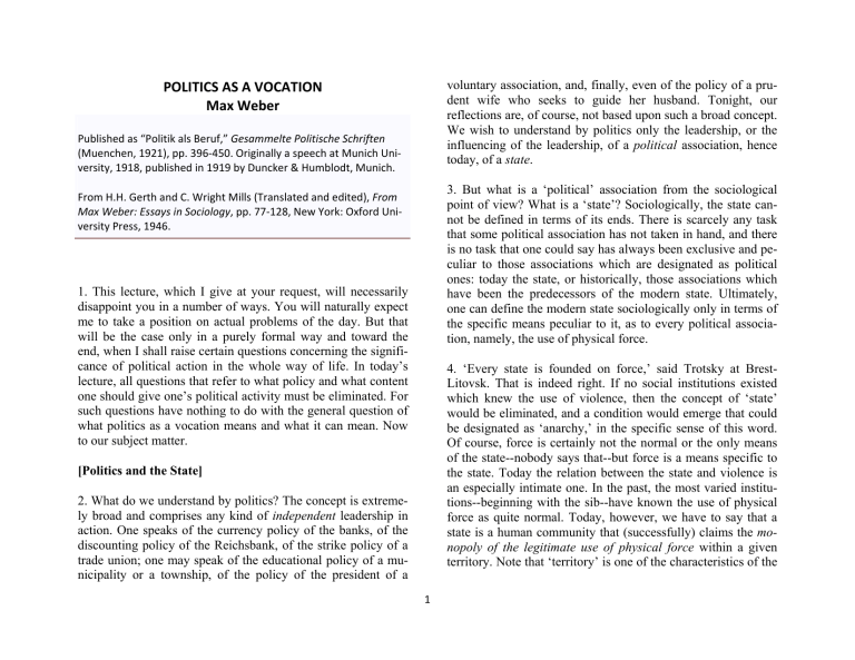 Politics as a Vocation by Max Weber
