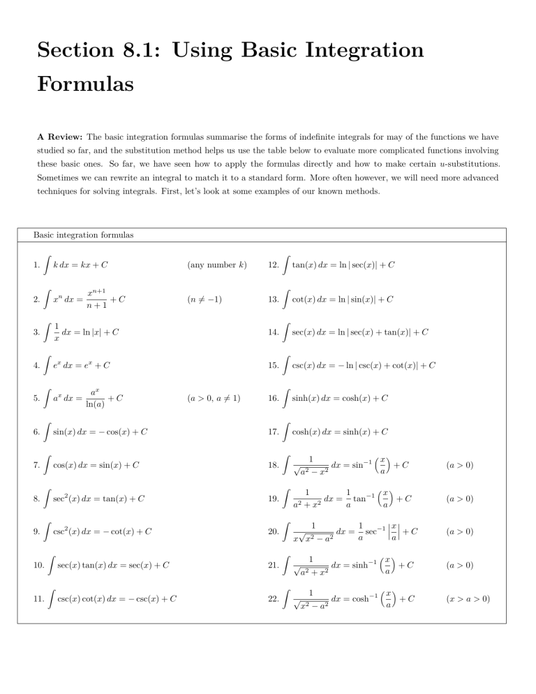 Basic Integration Formulas: Section 8.1