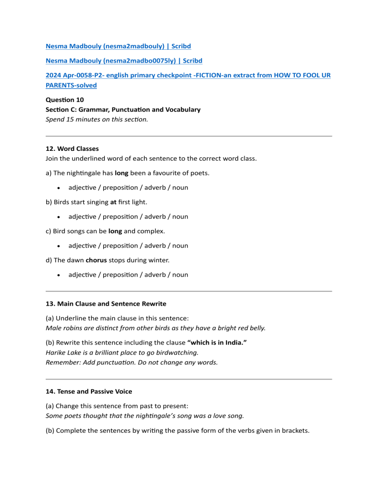 English Primary Checkpoint Grammar & Vocabulary Test