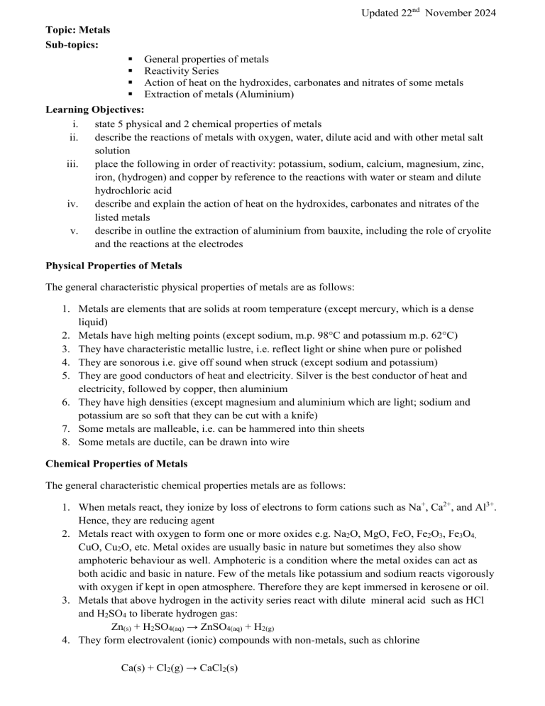Properties of Metals: Reactivity, Reactions, and Extraction