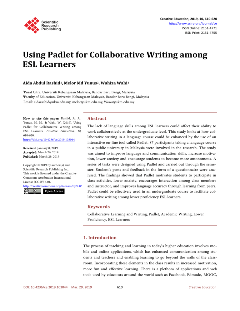 Using Padlet for Collaborative Writing among ESL Learners