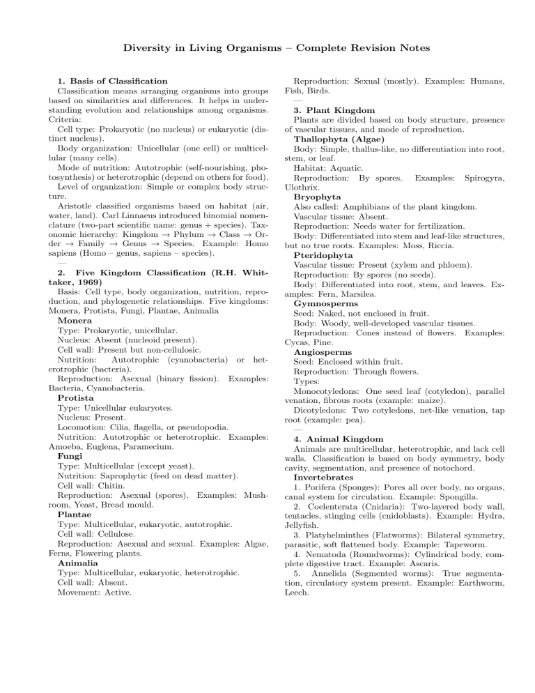 Diversity in Living Organisms Revision Notes