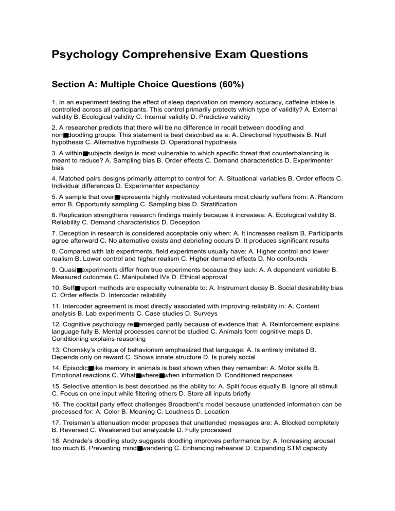 Psychology Comprehensive Exam Questions