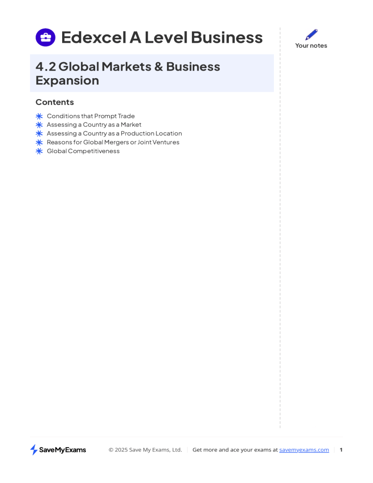 Edexcel A Level Business Notes: Global Markets & Expansion