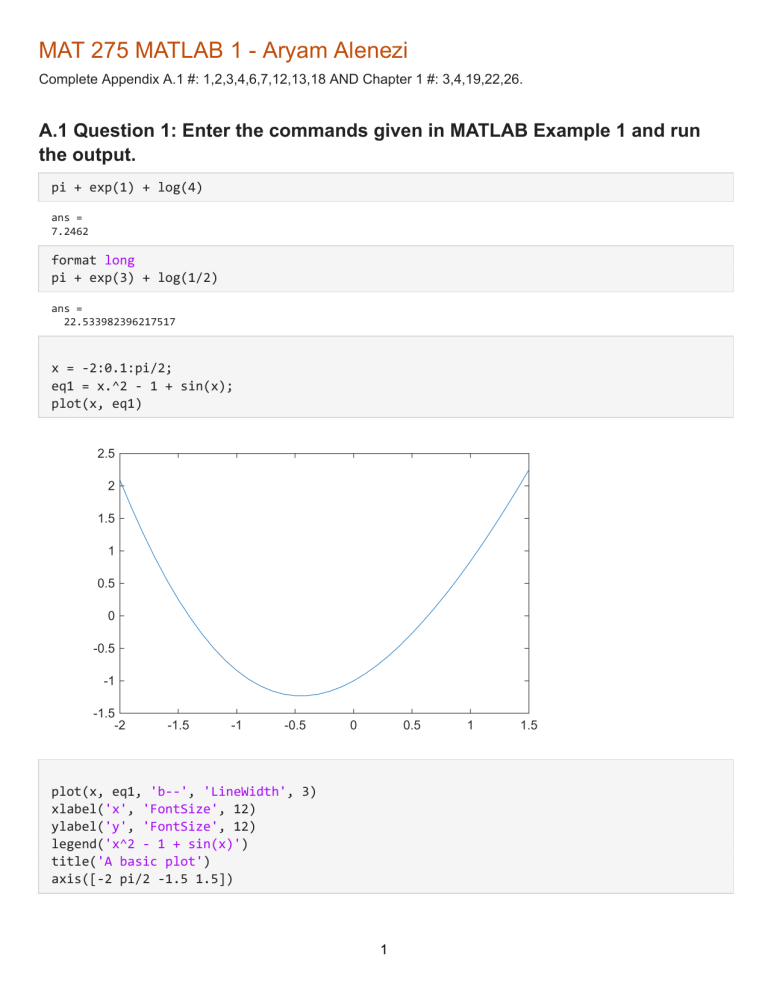 MAT 275 MATLAB 1 Assignment - Aryam Alenezi