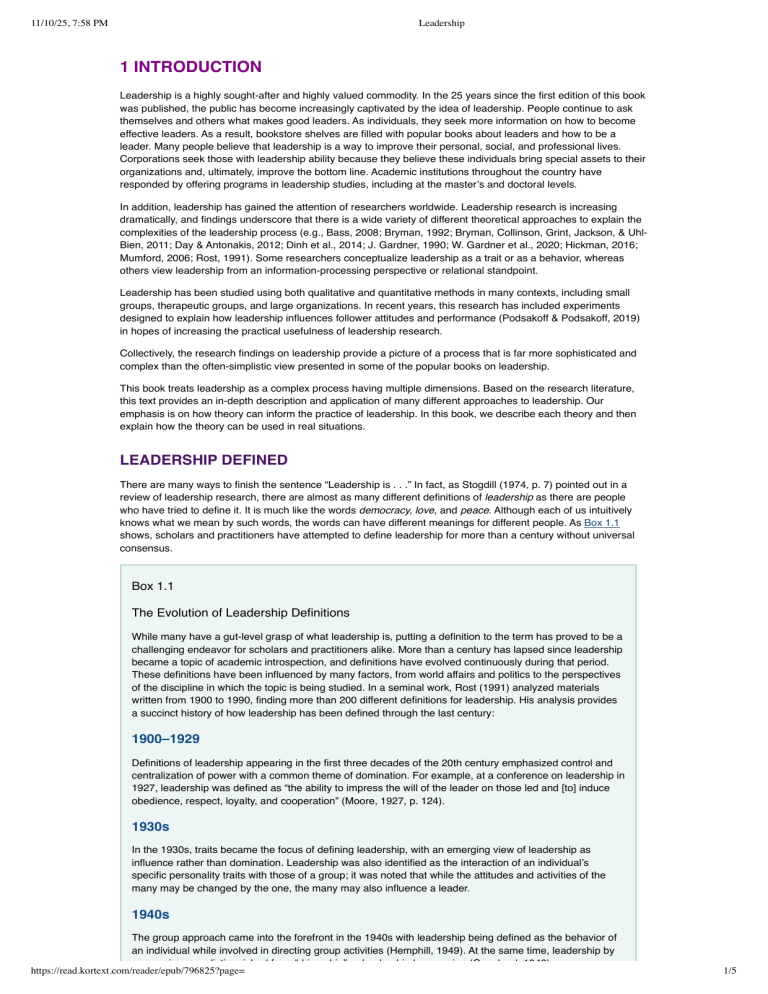 Leadership: Introduction and Definitions